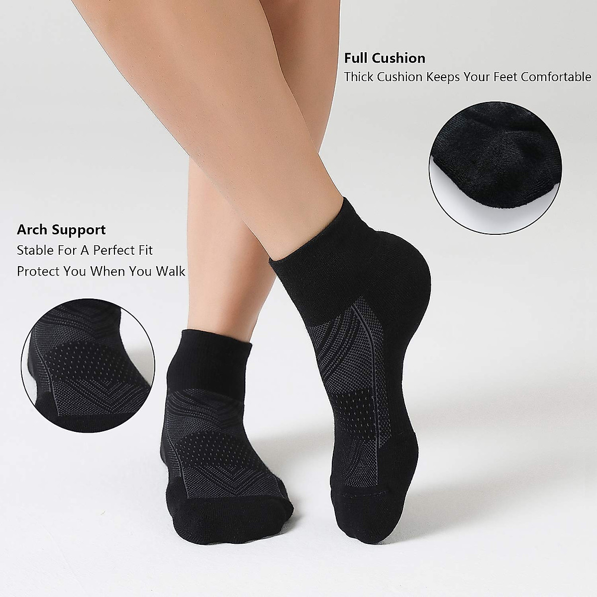 CelerSport 6 Pack Men's Ankle Socks with Cushion, Sport Athletic Running Socks, Black, Medium