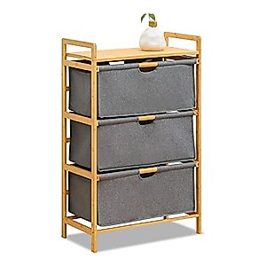 MoNiBloom 3 Section Clothing Storage Removable Bamboo Organizer Unit with Pull-Out Fabric Baskets for Bedroom Laundry Home Office, Grey