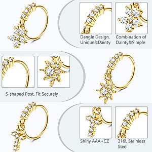 ORAZIO 9Pcs Dangle Nose Rings Dangling Nose Hoops 20G Nose Rings for Women, cubic-zirconia