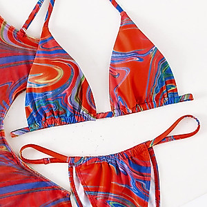 3 Piece Swimsuits for Women Padded Floral Print String Bikini Sets Bathing Suit Set Sexy Cutout High Neck Mesh Beach Cover Up Red