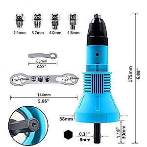 Rivet Gun for Cordless Drill Electric, 4EVERHOPE Electric Drill Tool Kit Riveter Adapter Insert Nut Hand Power Tool Accessories (Blue,8mm)