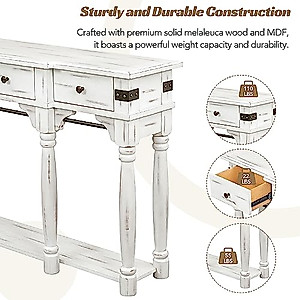 Solid Wood 60" Long Console Table with 3 Storage Drawers and Bottom Shelf, Mediterranean Retro-Style Accent Entryway Sofa Tables for Hallway Living Room, Semi-Open Storage Space (Creamy White-NM)