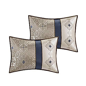 Madison Park Essentials Delaney 24-Piece Room In A Bag Comforter Set-Satin Jacquard All Season Luxury Bedding, Sheets, decorative pillows and Curtains, Valance, King (104 in x 92 in), Medallion Navy