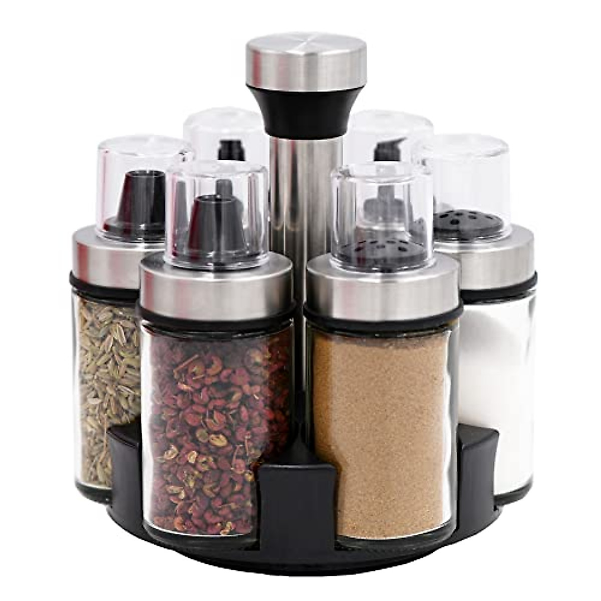 Spinning Spice Rack Organizer with 6 Bottles, Oil and Vinegar Dispenser Set , Stainless Steel Salt and Pepper Shaker Sets with Rotating Holder