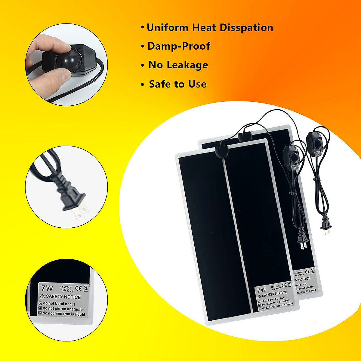 FIPASEN Reptile Heating Mat, 2PCS Reptile Heating Pad with Temperature Adjustment for Reptiles Tortoise Snakes Lizard Gecko Hermit Crab Amphibians - Removable Terrarium Heat Mats(7W, 6x11 inches)