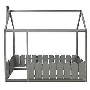 AOCOROE Twin Size House Bed for Boys and Girl Wood Twin Platform Bed Frame Playhouse Design Canopy Bed Tent Bed with Roof and Fence, Floor Height,Grey