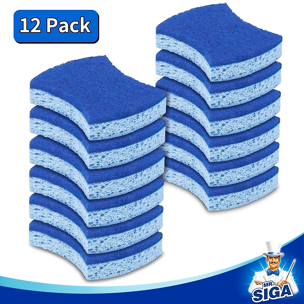 MR.SIGA Non-Scratch Cellulose Scrub Sponge, Dual-Sided Dishwashing Sponge for Kitchen, 12 Pack