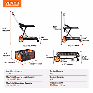 VEVOR Multi Use Functional Collapsible Cart, 198 lbs Capacity 2-Tier Folding Shopping Cart with Wheels, Collapsible Utility Cart with Storage Crate, 2 in 1 Hand Truck for Grocery/Luggage/Moving/Office
