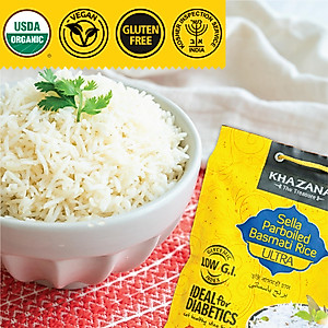 Authentic Ultra Long Parboiled Basmati Rice by Khazana in 10 lb Bag - Aromatic and Flavorful Indian Grain - Non-GMO, Gluten Free, Kosher, Cholesterol Free