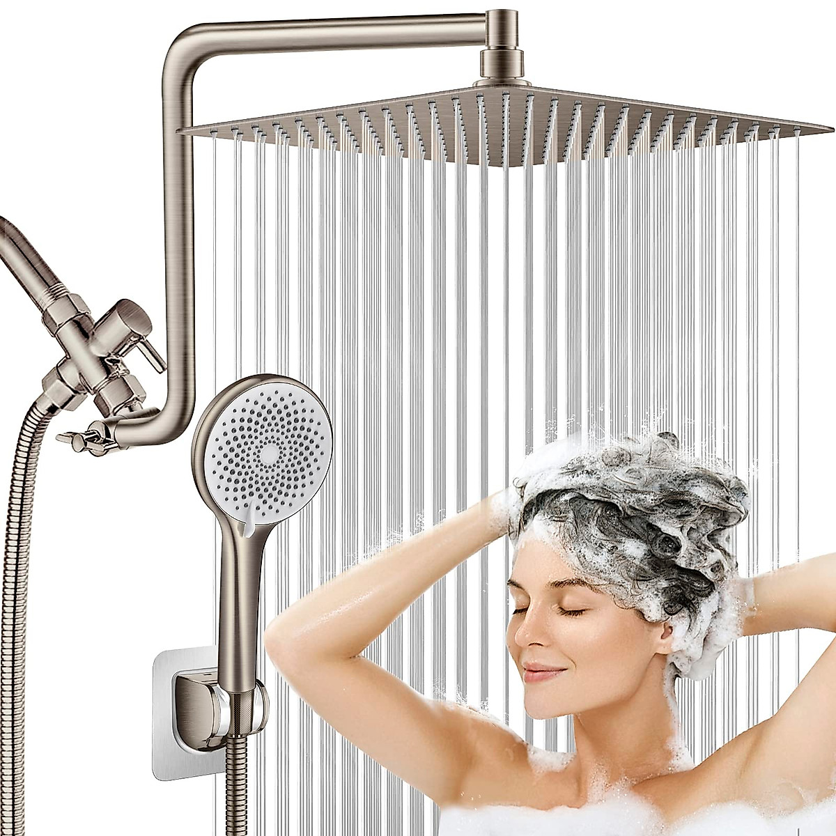 Shower Head Brushed Nickel, Upgraded 12" Rain Shower Head with 12" Flexible Curved Shower Extension Arm and High Pressure 4 Setting Handheld Shower Head Combo, Built-in Power Wash, 60’’ Shower Hose