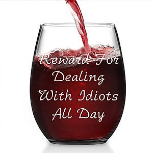 Futtumy Reward For Dealing With Idiots All Day Stemless Wine Glass 15oz, Funny Wine Glass for Men Women Friend Coworker, Novelty Christmas Gift Birthday Gift Gag Gift White Elephant Exchange Gift