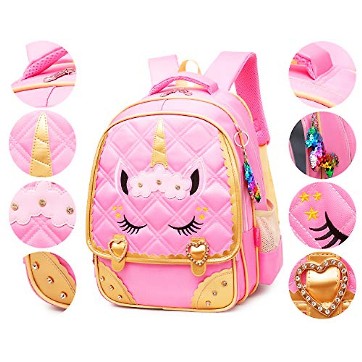 Moonmo Cute Unicorn Face Diamond Bling Waterproof Pink School Backpack Set Girls Book Bag (Large, Pink Set)
