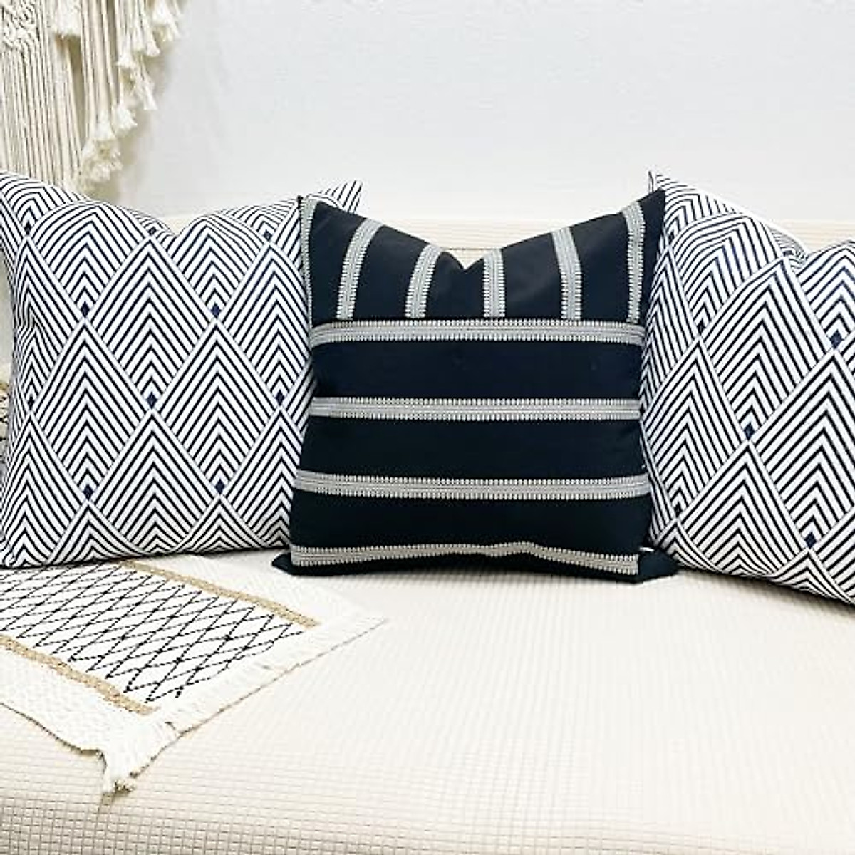 Slow Cow Pack of 2 Embroidery Throw Pillow Covers, Geometric Diamonds Navy Decorative Throw Pillow Cases for Sofa 18 x18 Inches