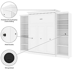 BOWERY HILL Vera Easy-Lift Queen Murphy Wall Bed with Double Bookcase Storage in White