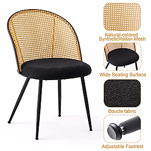 Dining Chairs Set of 4, Mid Century Modern Dining Room Chairs with Full Rattan Back, Boucle Fabric Upholstered Kitchen Dining Chairs Farmhouse Armless Mesh Cane Back Side Chairs with Metal Legs, Black
