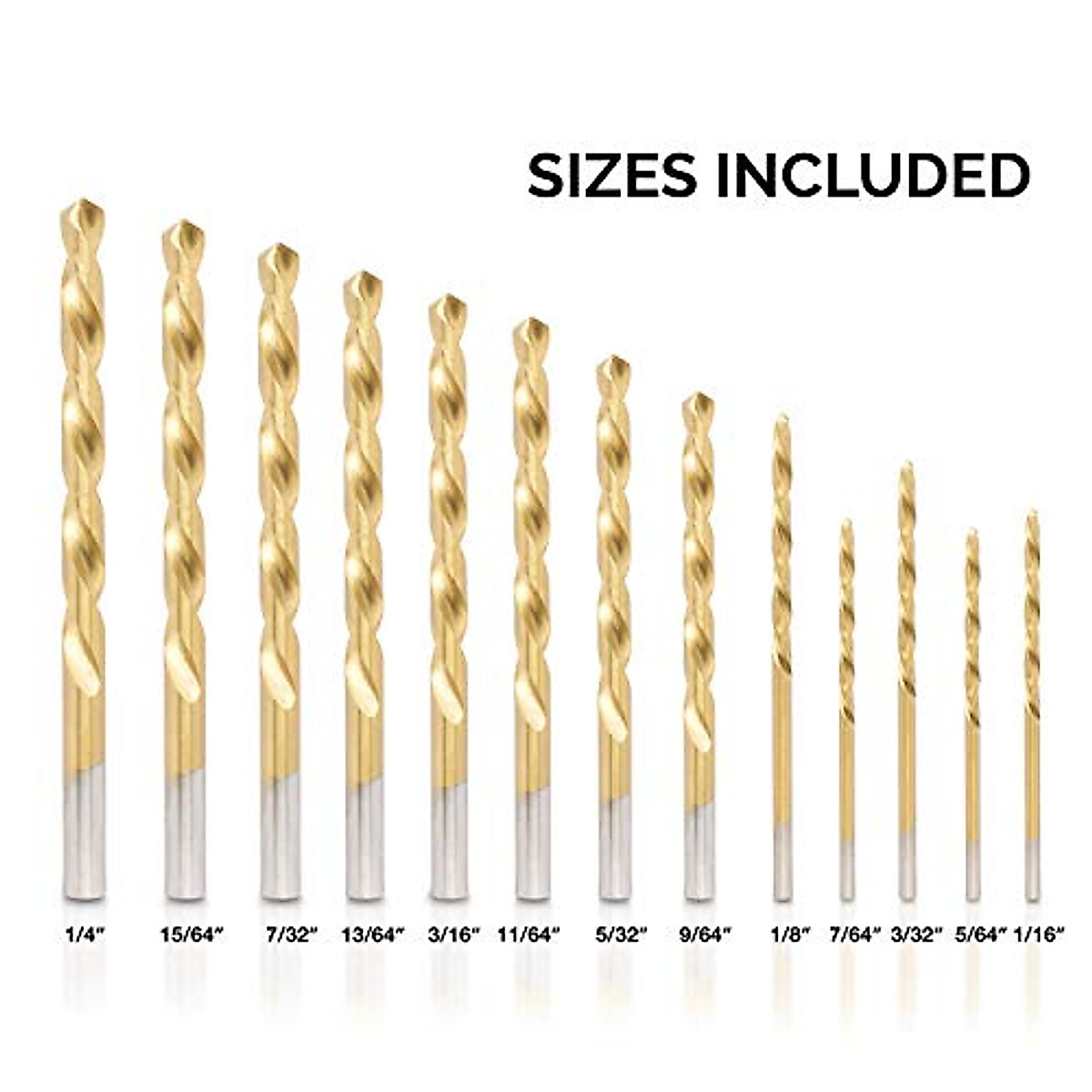 NEIKO 10038A Left-Hand Drill-Bit Set, High-Speed Steel Drills with Titanium Nitride Coating, Reverse-Twist Drill Bits, SAE Sizes, 13-Piece Set