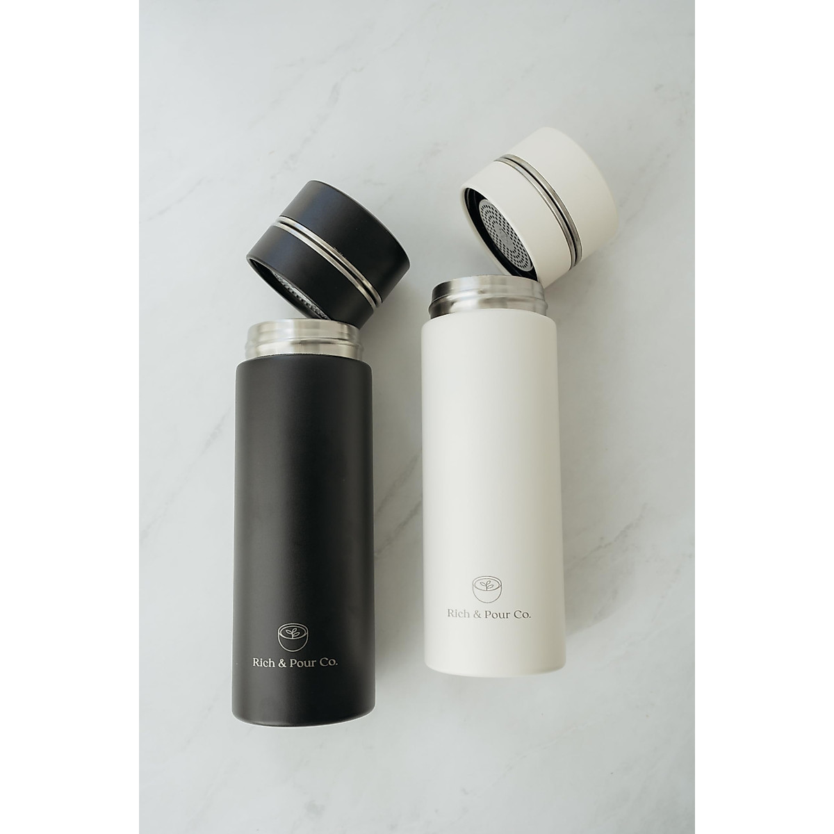 Insulated Tea Infuser Tumbler Thermos - Stainless Steel Travel Tea Mug with Lid | Cold Brew Coffee Mug Flask (Black Detachable, 15.9oz)