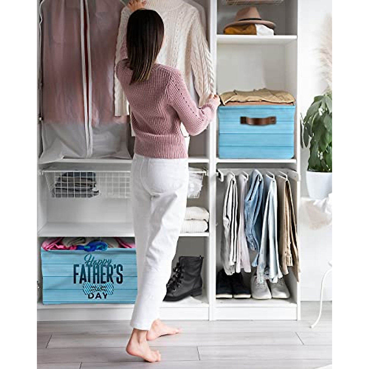 Storage Bin Foldable Storage Basket Happy Father's Day Bow Tie Blue Stripes,Large Storage Bins Handles Storage Baskets for Organizing,Farm Gradient Wood Grain Collapsible Storage Cubes Organizer 25L