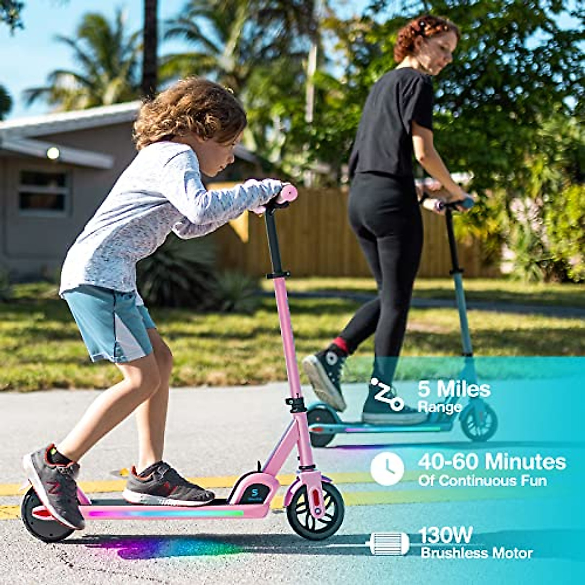 SmooSat Pro Electric Scooter for Kids, Colorful Rainbow Light, LED Display, Adjustable Speeds and Heights, Foldable E-Scooter for Ages 8 and Up