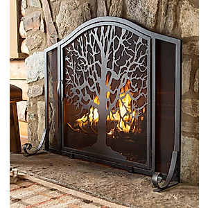 Plow & Hearth Metal Fireplace Screen Tree of Life Black | 44" W x 33" H | Flatguard | Spark Guard Grate | Iron Fire Place Cover | Wood Stove Accessories