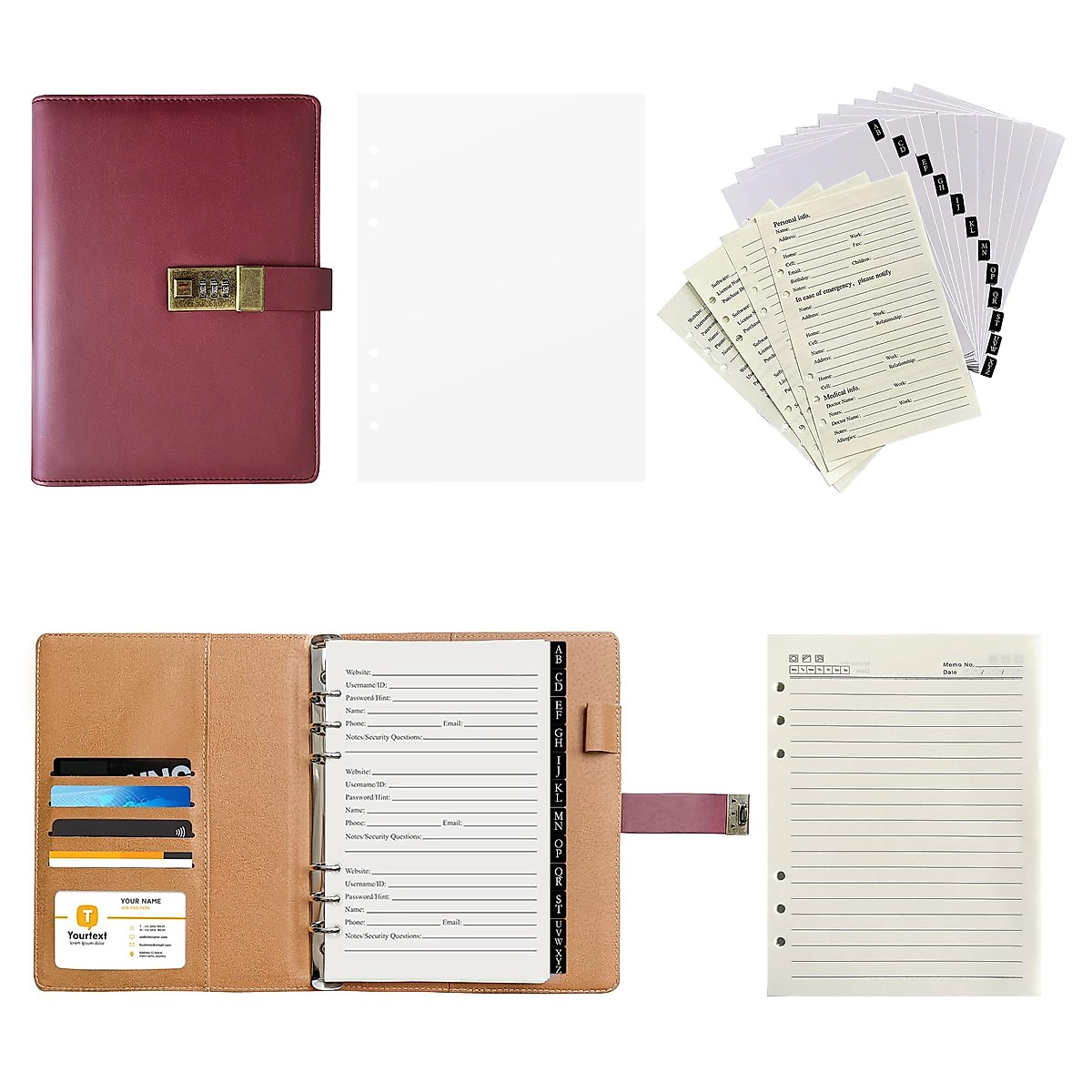 A5 Password Book with Combination Lock & Alphabetical Tabs, 302 Pages Leatherette Hardcover Internet Address & Password Organizer Logbook, Large Print, Refillable, 576 Entries, for Seniors