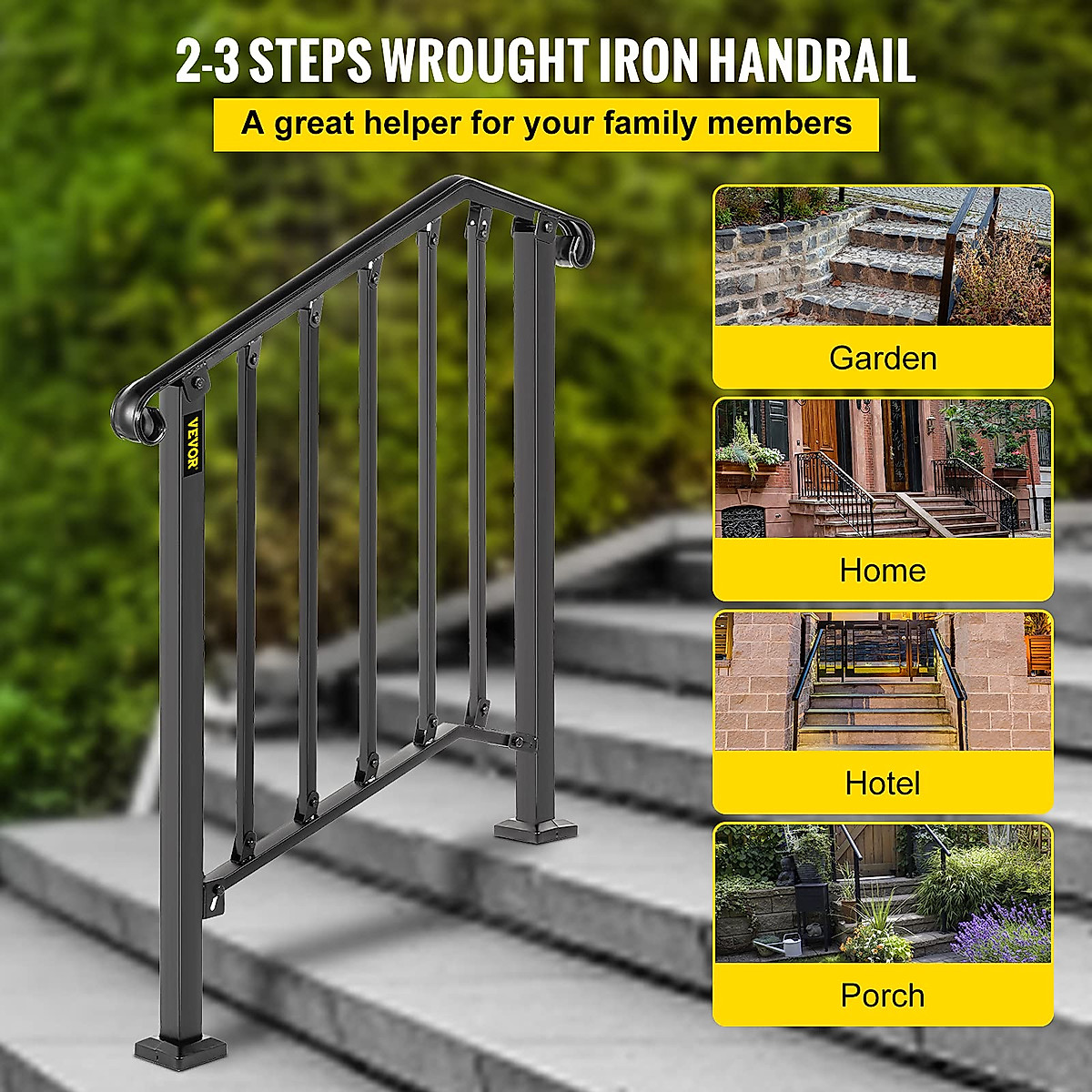 Happybuy Handrails for Outdoor Steps, Fit 2 or 3 Steps Outdoor Stair Railing, Picket#2 Wrought Iron Handrail, Flexible Porch Railing, Black Transitional Handrails for Concrete Steps or Wooden Stairs
