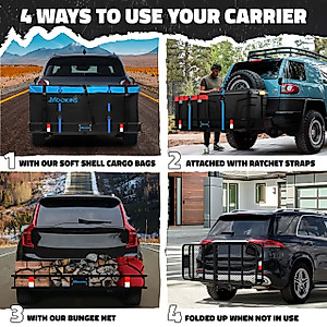 Mockins 60x20x6 Heavy-Duty Trailer Hitch Cargo Carrier 500lb Cap & 16 CuFt Soft Shell Waterproof Luggage Cargo Bag |Folding Hitch Cargo Carrier w/Net & Hitch Accessories |2" Receiver Hitch Cargo Rack