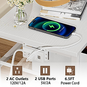 Furologee White Nightstands Set of 2 with Charging Station, Small Bed Side Table with Fabric Drawer for Small Spaces, 2 Tiers Storage Shelves End Table for Living Room, Bedroom, Dorm