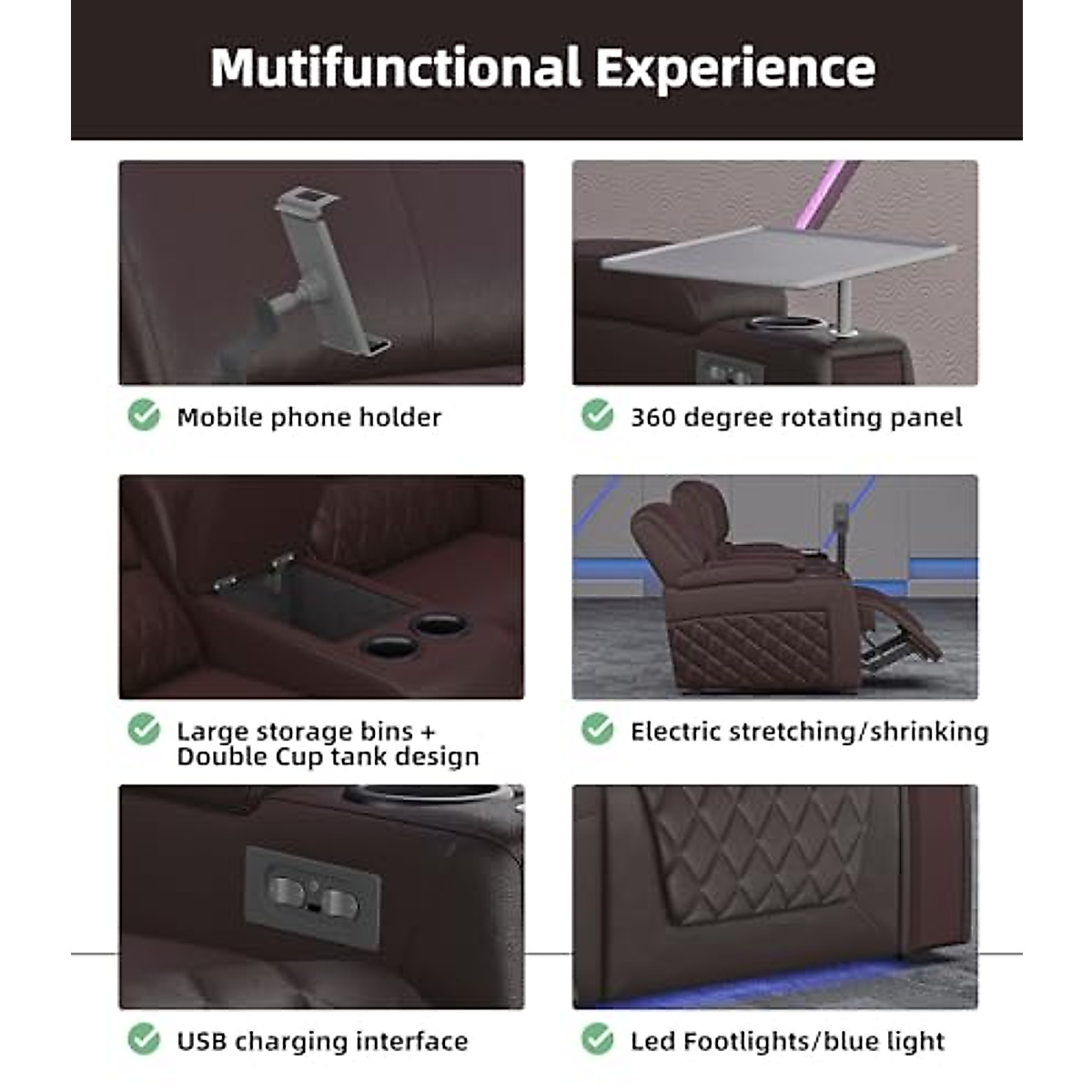 Home Theater Seats, Electric Recliner with USB Port and Cup Holder, Breathable Cowhide Double Sofa with Hidden armrest Storage Space, and Seats with Ambient Lighting (Coffee Color, Set of 3)