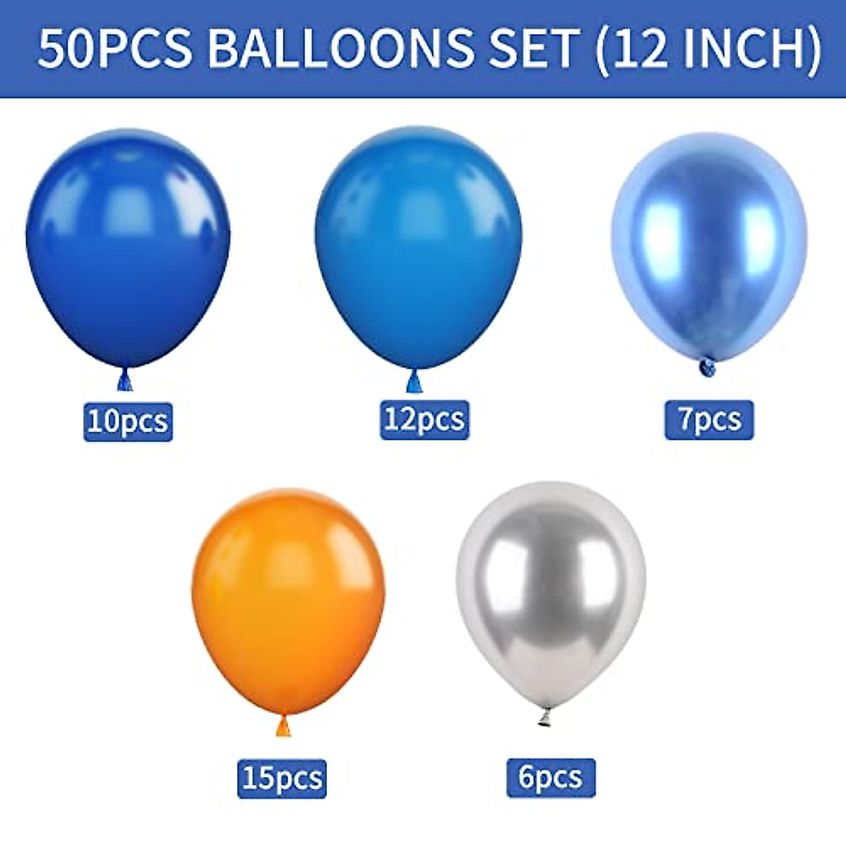 Blue and Orange Balloons, 50 Pcs 12 Inch Orange Royal Blue Metallic Silver Balloons with Ribbons for Birthday Party Wedding Baby Shower Graduate Decorations