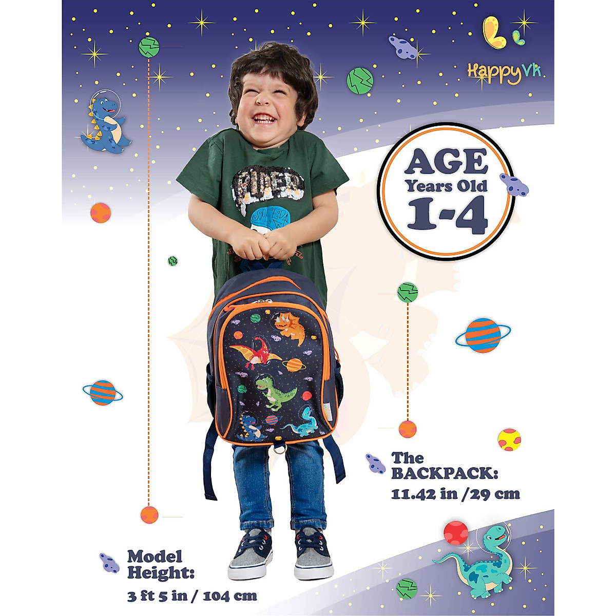 HappyVk- Backpack with Leash for Kids-Anti Lost Walking Toddler Leash-Dinosaur design-for 1-4 Years Old Boys, Girls