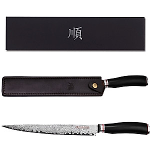 YOUSUNLONG Fillet Knife Pro Meat Carving Knife Sashimi Knife 24.5cm-Right-handed - Japanese Hammered Damascus Steel Natural Leadwood Handle With Leather Sheath