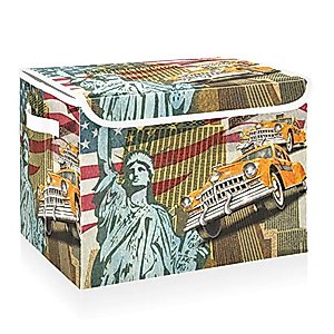 CaTaKu New York Truck Storage Bins with Lids Fabric Large Storage Container Cube Basket with Handle Decorative Storage Boxes for Organizing Clothes Shelves