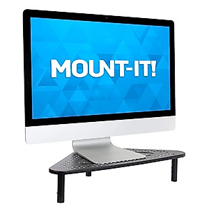 Corner Monitor Stand | Adjustable Height Corner Desk Shelf | Triangle Screen Riser, Ergonomic Space Saving Design, Ventilated. (Metal, Black)