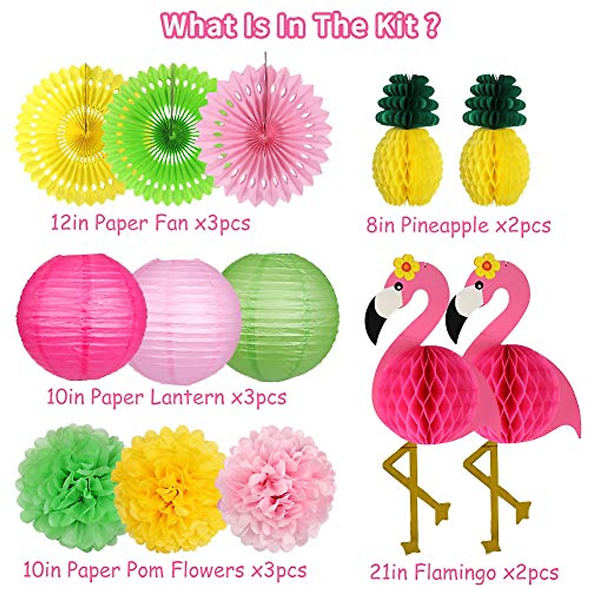 Flamingo Party Supplies, Hawaiian Party Decorations Flamingo and Pineapple Honeycomb Ball Paper Lanterns Paper Fans Pom poms Flowers for Birthday Luau Tropical Bachelorette Party