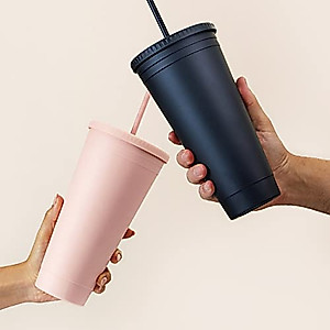 Maars Acrylic Travel Tumbler with Lid and Straw | 32oz Premium Insulated Double Wall XL Plastic Reusable Cups - Matte Black, 2 Pack