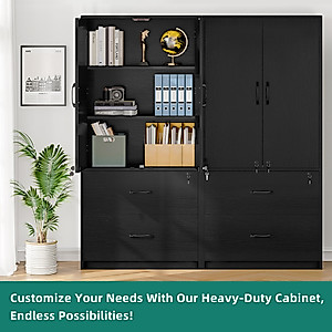 YITAHOME Wood File Cabinets, Heavy Duty Garage Tool Cabinets with Doors & Adjustable Shelves, Big Storage Filing Lockers for Home Office, Living Room, Pantry, Gym, Basement, Warehouse, Black