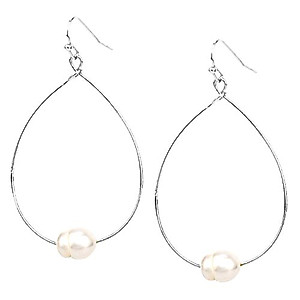 Pomina Lightweight Pearl Hoop Earrings, Gold Teardrop Pearl Dangle Drop Earrings for Women (Rhodium)