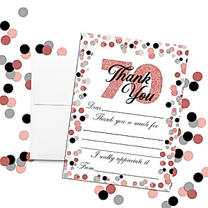 Amanda Creation Confetti Rose Gold Polka Dot 70th Birthday Themed Thank You Notes, Ten 4" x 5.5" Fill In the Blank Cards with 10 White Envelopes