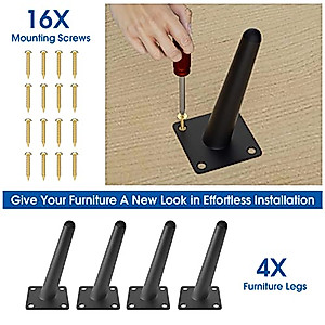 Set of 4 Furniture Legs 6 Inch Modern Furniture Legs Mid Century Oblique Conical Metal Legs Metal High Tapered Slant Feet Sofa Replacement Legs for Desk, Cabinet, Table+Mounting Screws(Black)