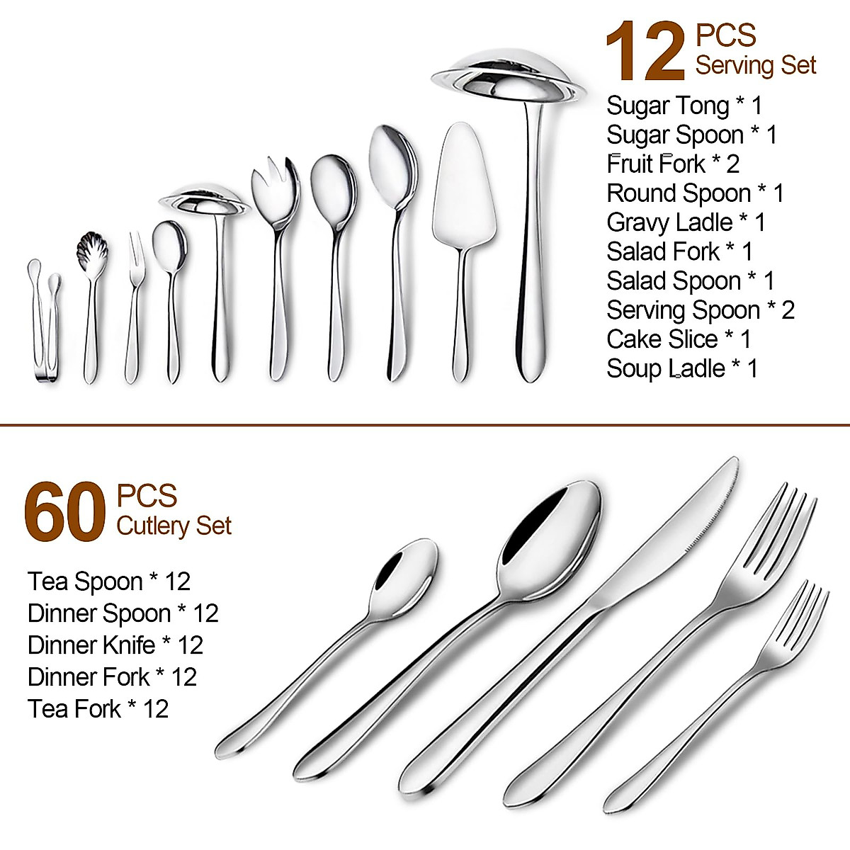 Elegant 72-Piece Silverware Set, Stainless Steel Flatware Set for 12 Guests - Comprehensive Cutlery and Serving Utensils Set, Dishwasher Safe