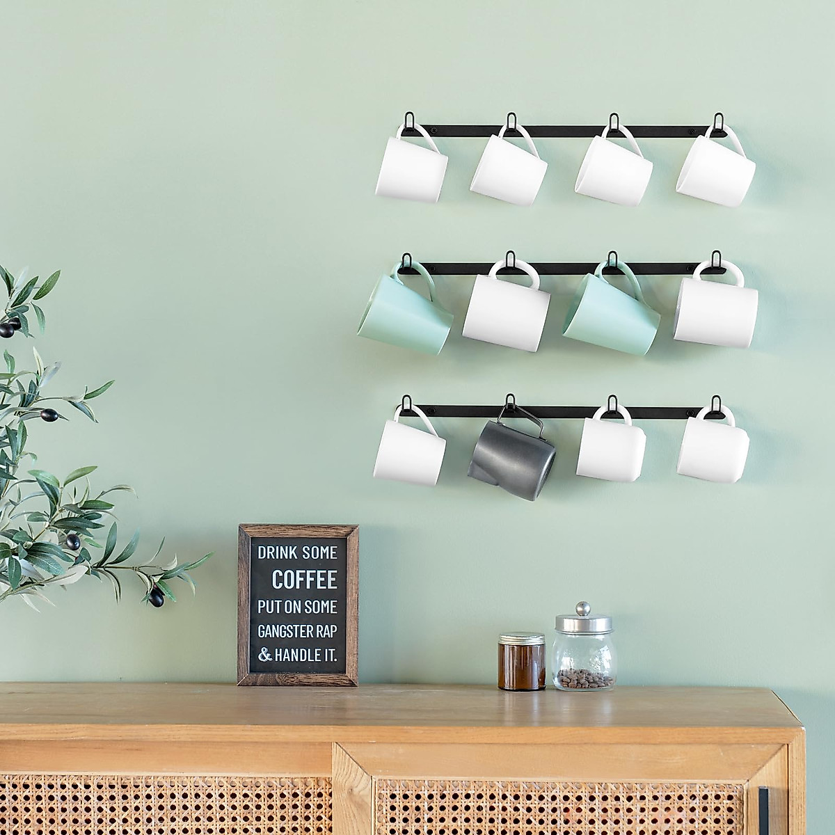 Mkono Mug Holder Wall Mounted Metal Coffee Cup Holder Hanging Coffee Mug Rack with 12 Cup Hooks Rustic Mug Hanger for Coffee Bar,Kitchen Farmhouse Home Decor,Black,Set of 3