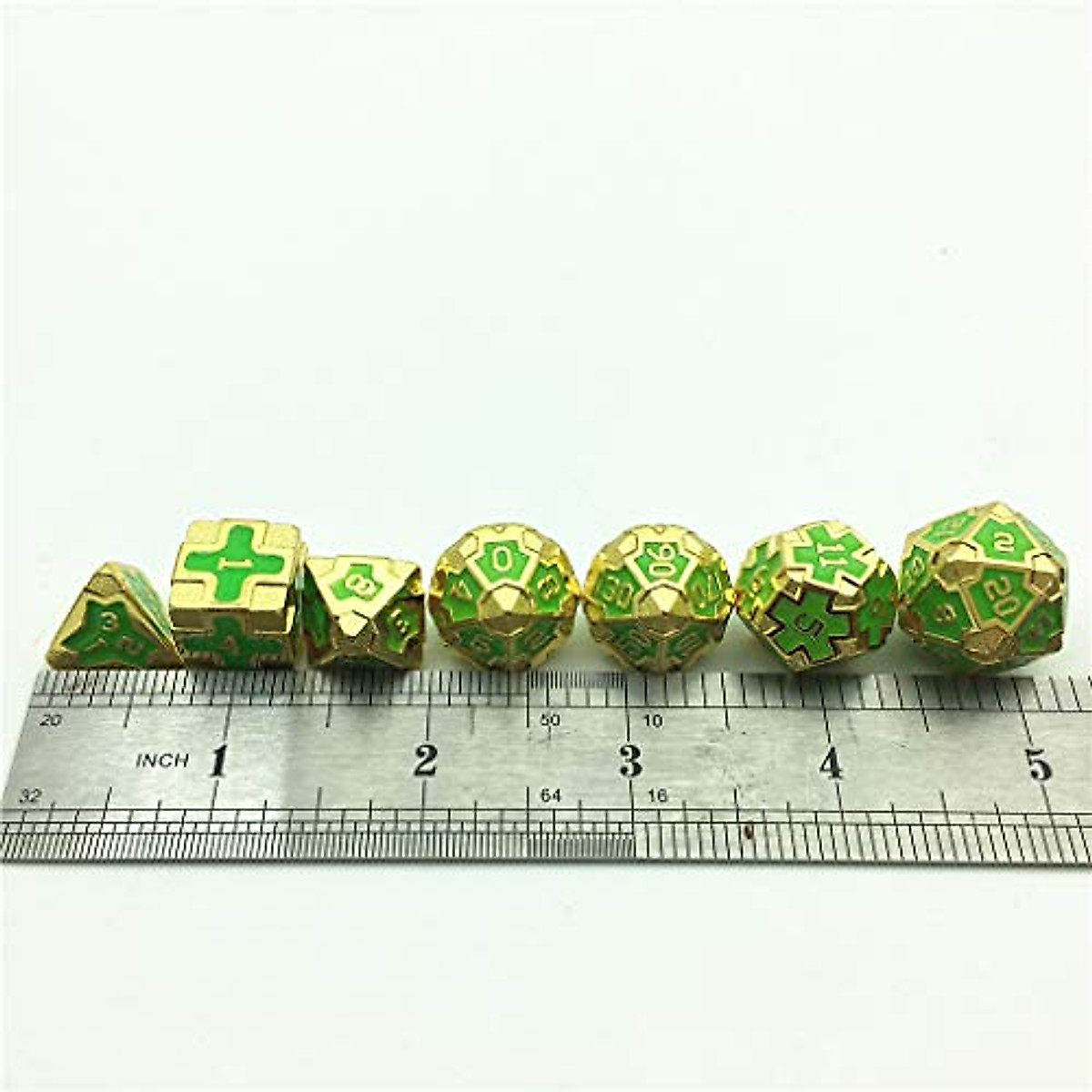 Metal DND Dice Set for Dungeons and Dragons Role Playing Games Tabletop Die (Model B Golden Green Luminous)