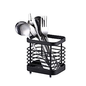 ANHORTS Utensil Holder Stainless Steel, Cutlery Drainer Rack for Kitchen Counter, Countertop Organizer for Flatware Silverware Dinner Forks, Knives and Spoons, Black