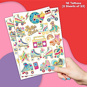 80’s Theme Roller Skate Glitter Skating Temporary Tattoos Birthday Party Supplies Decorations Favors Decor Cute 90s Tattoo Stickers Tattoo Gifts for Kids Girl Boy School Prizes Rewards Carnival 46 PCS