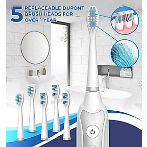 Sonic Electric Toothbrush for Adults with 5 Toothbrush Replacement Heads, 3 Brushing Modes & 2 Minutes Built-in Timer, Travel Toothbrushes with Inductive Charging, Rechargeable toothbrush | White