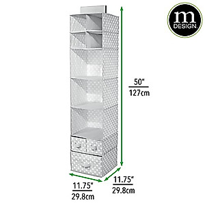 mDesign Soft Fabric Over Closet Rod Hanging Storage Organizer with 7 Shelves and 3 Removable Drawers for Child/Kids Room or Nursery - Polka Dot Pattern - Light Gray with White Dots