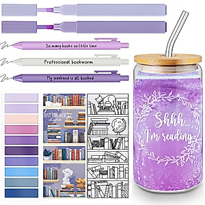 FillTouch 8 Pc Book Lover Gifts 16 oz Glass Cup with Bamboo Lid and Straw Reading List Bookmark Pastel Highlighters Sticky Notes Pens for Reader Librarian Stocking stuffers(Purple)