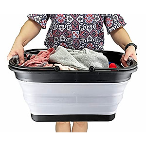 SAMMART 29L (7.6 Gallons) Set of 2 Collapsible Tub with Handle - Portable Outdoor Picnic Basket/Crater - Foldable Shopping Bag - Space Saving Storage Container (Alloy Grey + Crystal Blue)