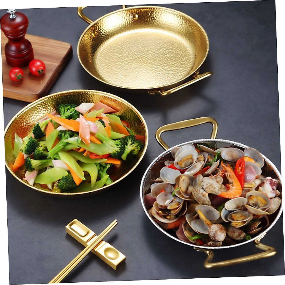 HANABASS 4pcs Dinner Nonstick Tray Pan for Use Hotpot Snack Chicken Steel Nabe Handle Cookware Serving Pot Induction Foods Golden Kitchen Home Paella Plate Restaurant Skillet Handles
